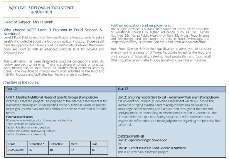 Holmer Green Senior School - Food Science and Nutrition - WJEC Level 3